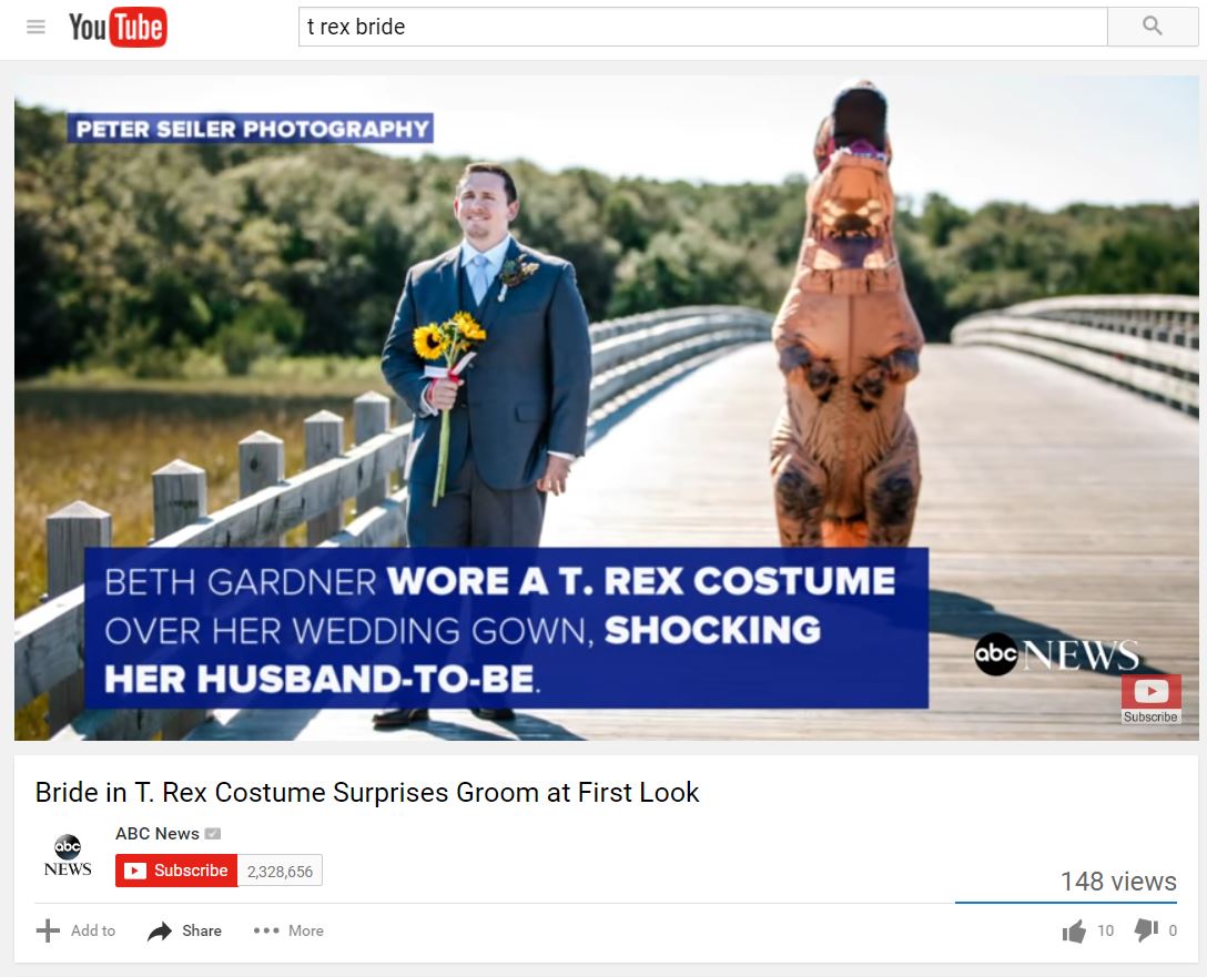 WATCH: Bride in T. Rex costume surprises Groom at first look | whas11.com